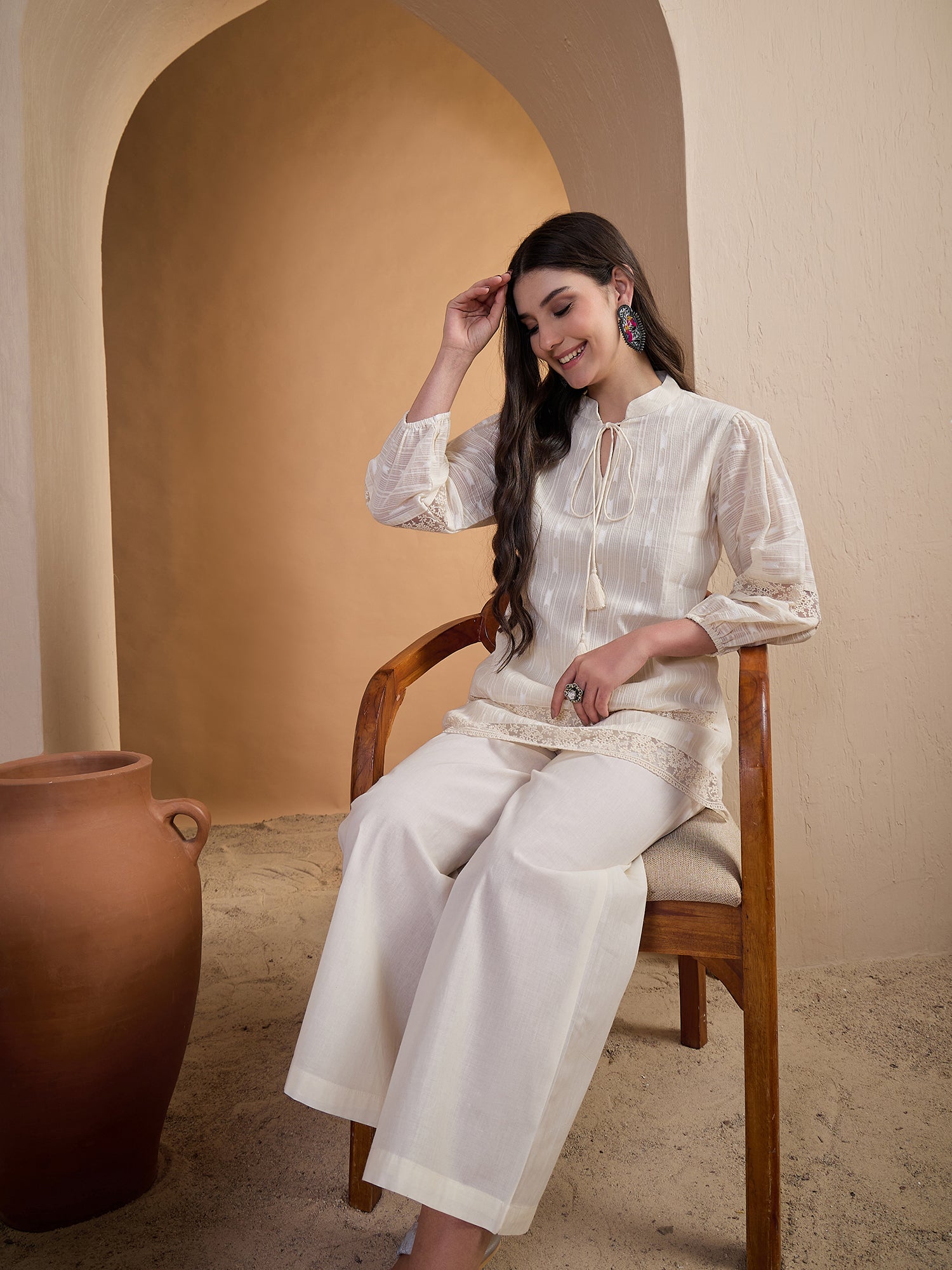 Off White Mandarin Collar Ethnic Tunic – Inddus.com