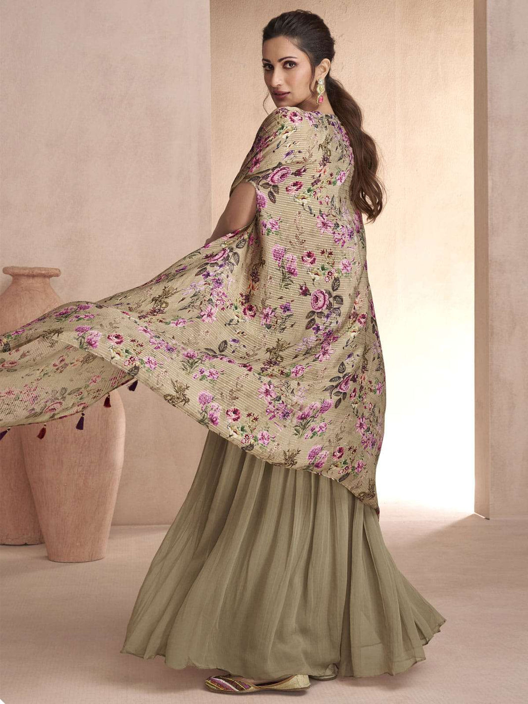 Lavender & Blue Floral Chiffon Maxi Dress With Net Jacket – Inddus.com