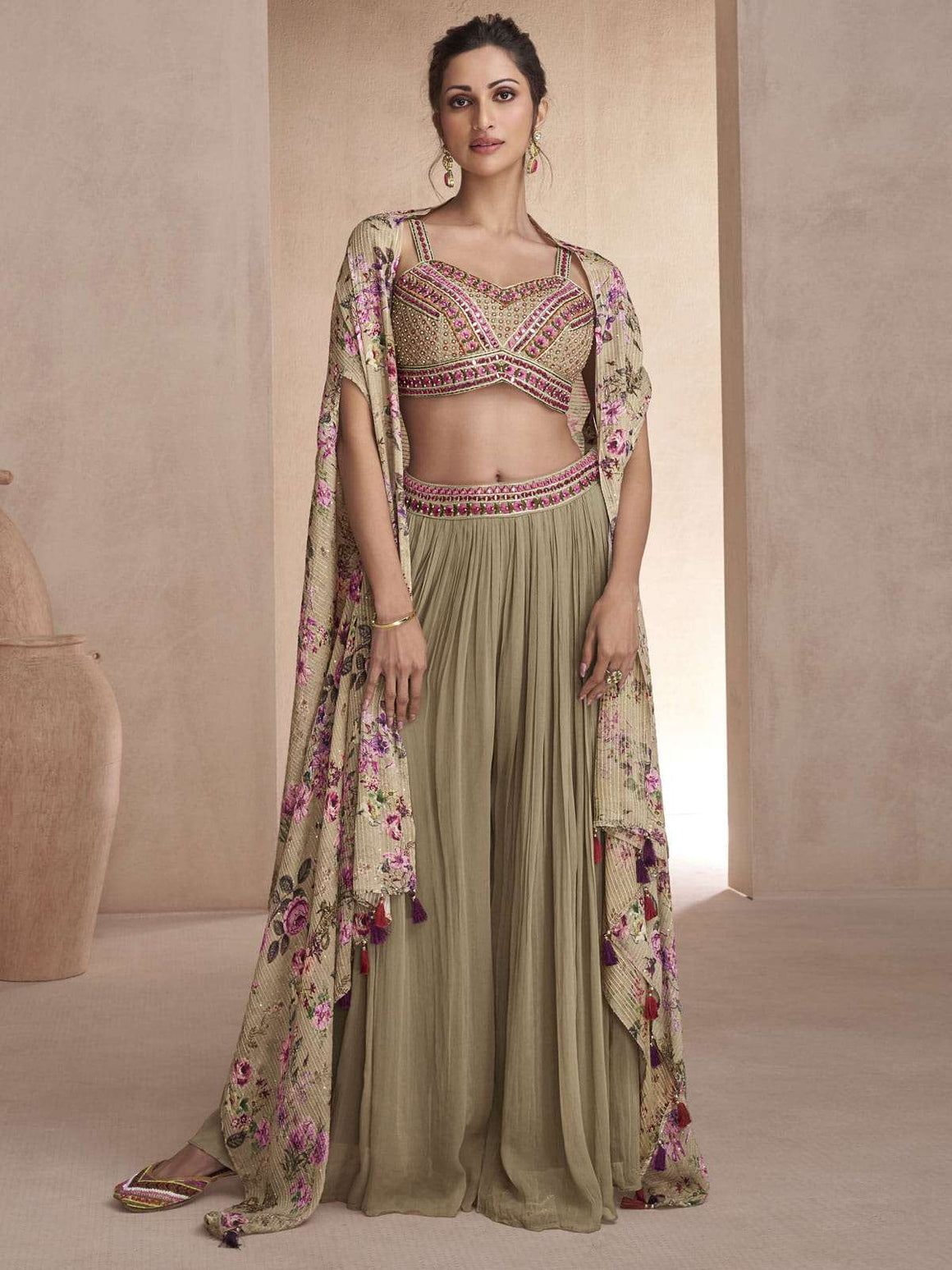 Lavender & Blue Floral Chiffon Maxi Dress With Net Jacket – Inddus.com