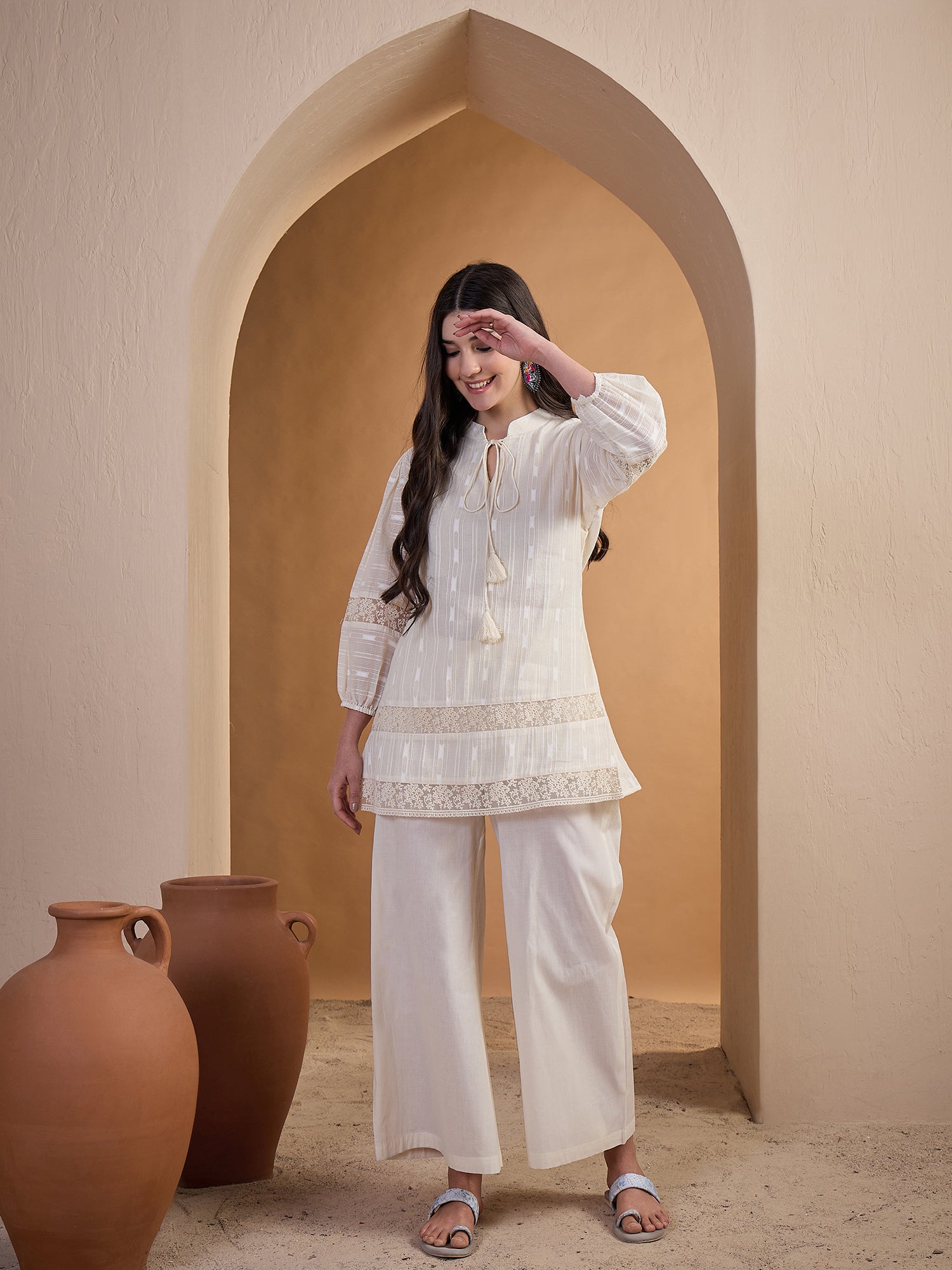 Off White Mandarin Collar Ethnic Tunic – Inddus.com