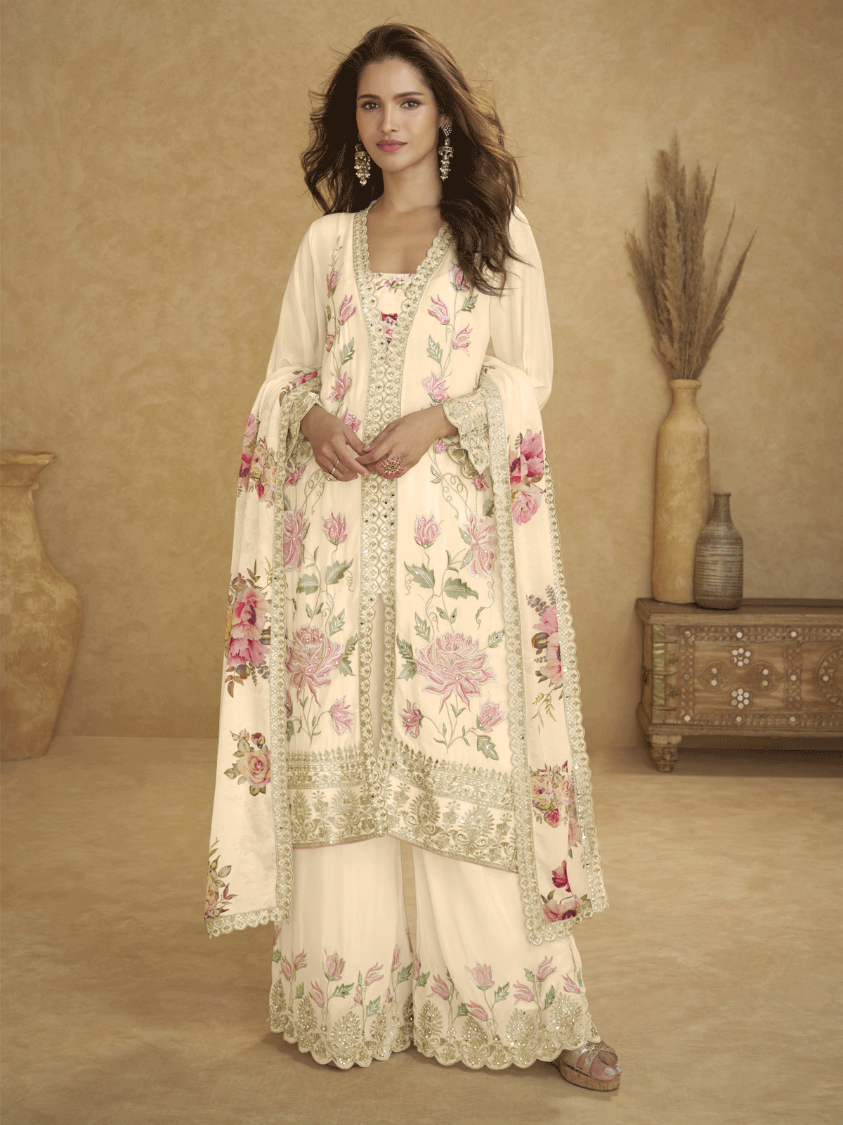 Premium Cream Color Chinnon Palazzo Suit – Inddus.com