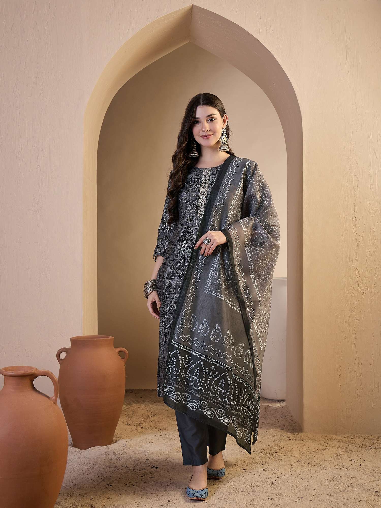Women Geometric Printed and Hand Embroidered Kurta Set with Dupatta ...