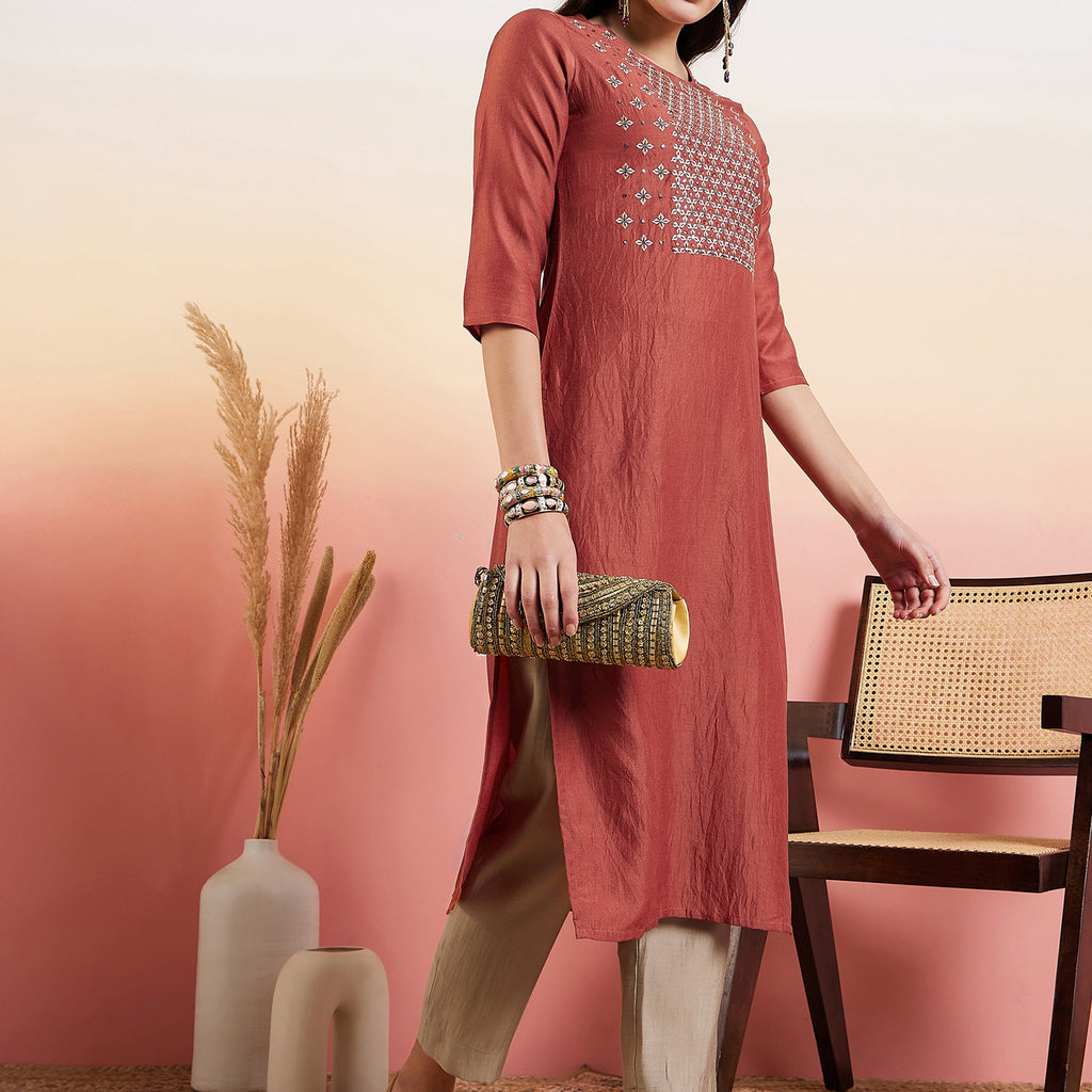 Rust Ethnic Motifs Yoke Design Thread Work Straight Kurta – Inddus.com