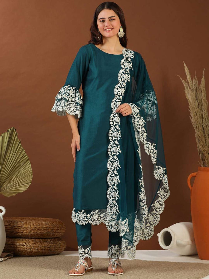 Ethnic Motifs Embroidered Round Neck Long Sleeve Zari Kurta Set With D ...