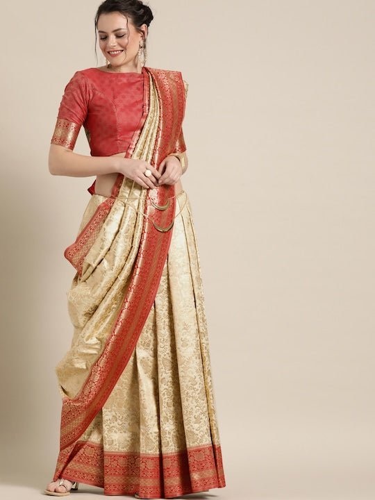 Beige & Red Silk Blend Woven Design Saree– Inddus.com