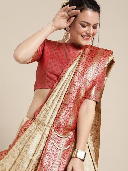 Beige & Red Silk Blend Woven Design Saree– Inddus.com