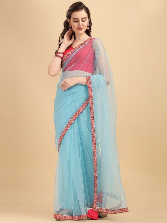 Blue & Red Embroidered Net Saree – Inddus.com