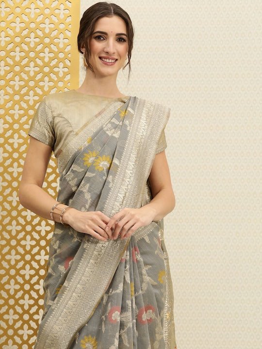 Grey & Gold-Toned Floral Jaal Woven Zari Saree– Inddus.com