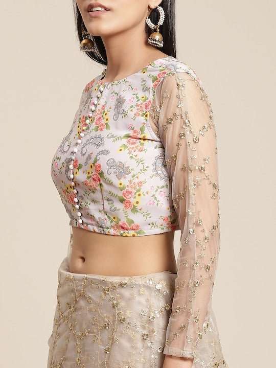 Grey & Golden Net Embroidered Ruffled Saree– Inddus.com