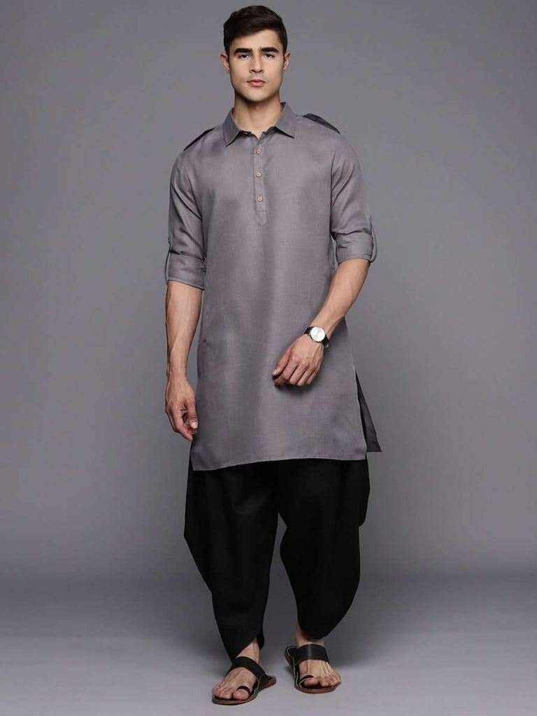 Grey Linen Pathani Kurta with Dhoti Pants – Inddus.com