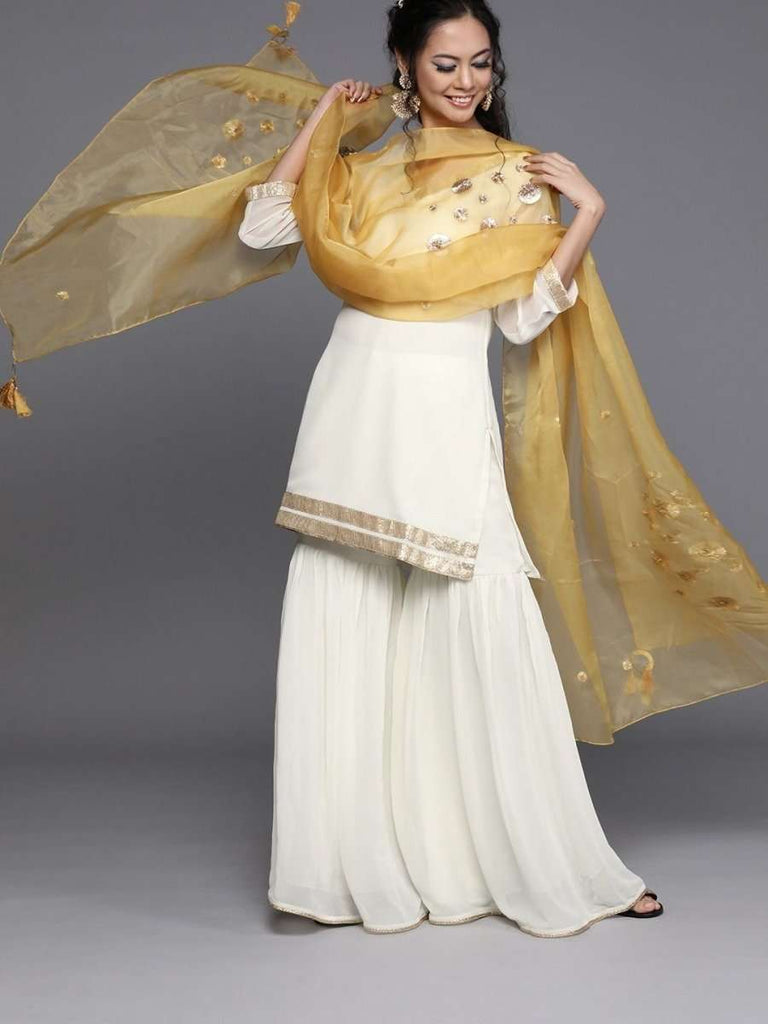Buy Mystical Off White Georgette Solid Sharara Suit -Inddus.com