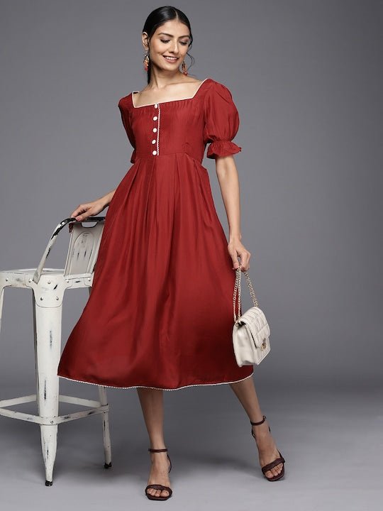 Rust A-Line Midi Dress– Inddus.com